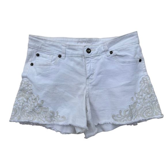 Cache | Shorts | Cache Womenswhite Embroidered Lace Raw Cut Off Denim ...